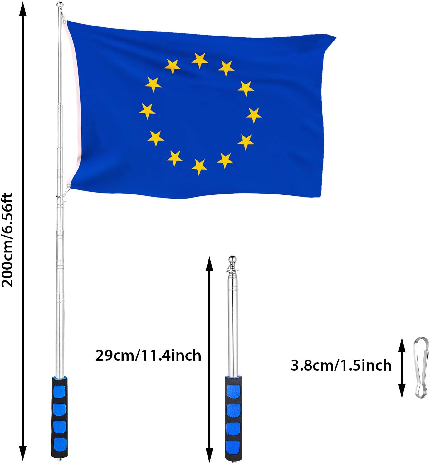 Outus 2 Pieces 2m Telescopic Flagpole Stainless Steel Handheld Flag ...