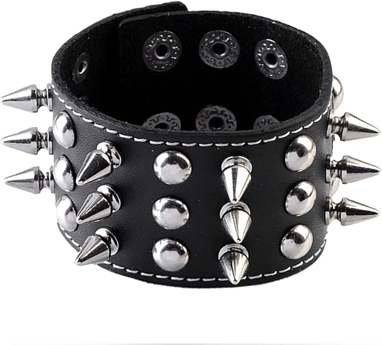 Zysta Punk Herren Silber Metall Spike Nieten Armband Biker Echtleder ...