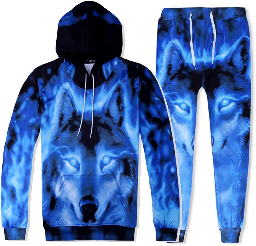 2 Piece Set Men and Women Casual Tracksuit 3D Print Blue Wolf Hooded ...