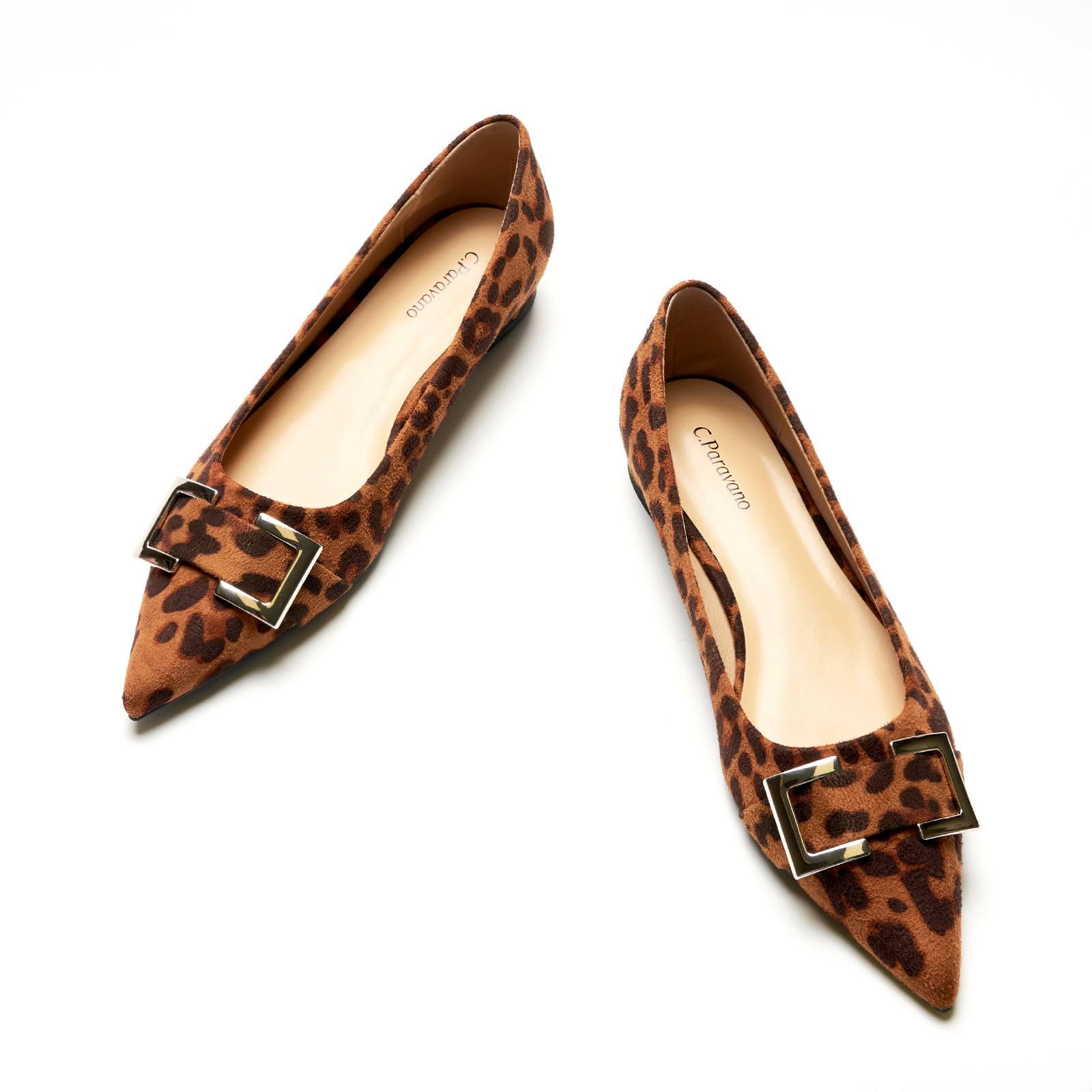 C.Paravano Leopard Pointed Toe Metal Buckle Flats for Women - Women's ...
