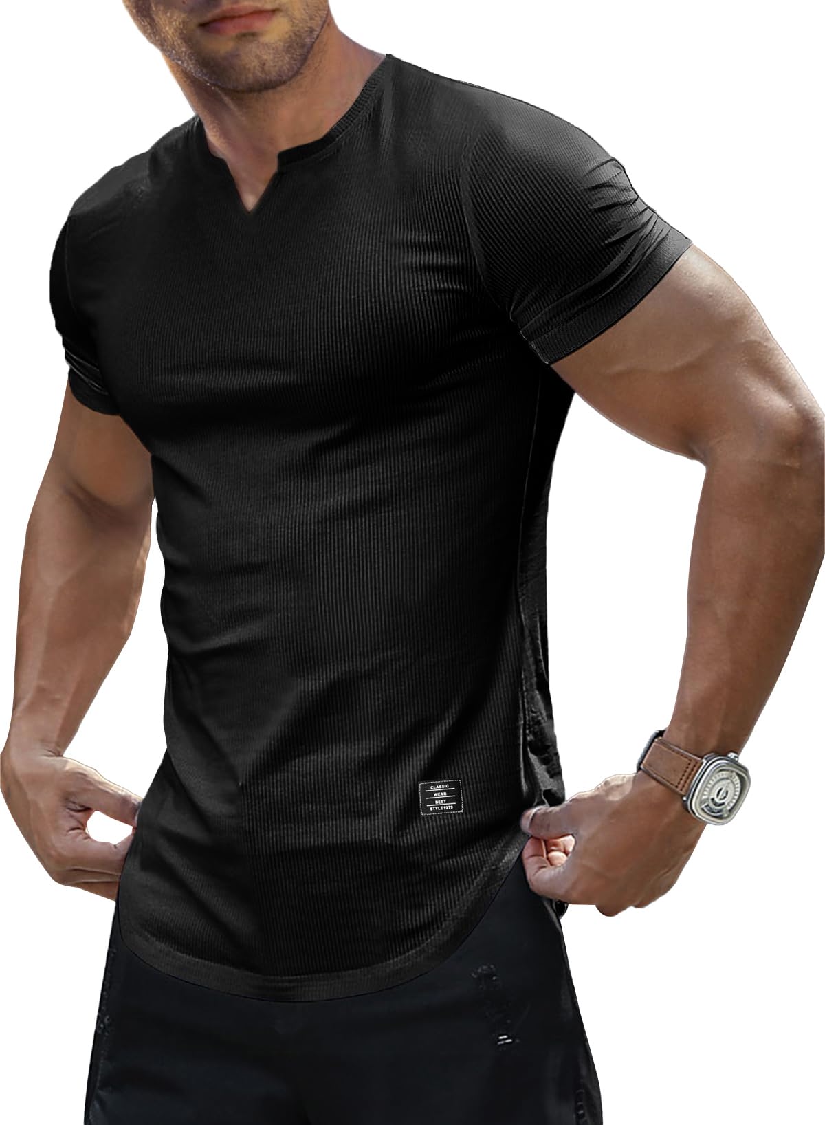 JMIERR Men's Muscle Shirt V Neck Slim Longline Short Sleeve Henley Shirt Gym Workout Athletic ...