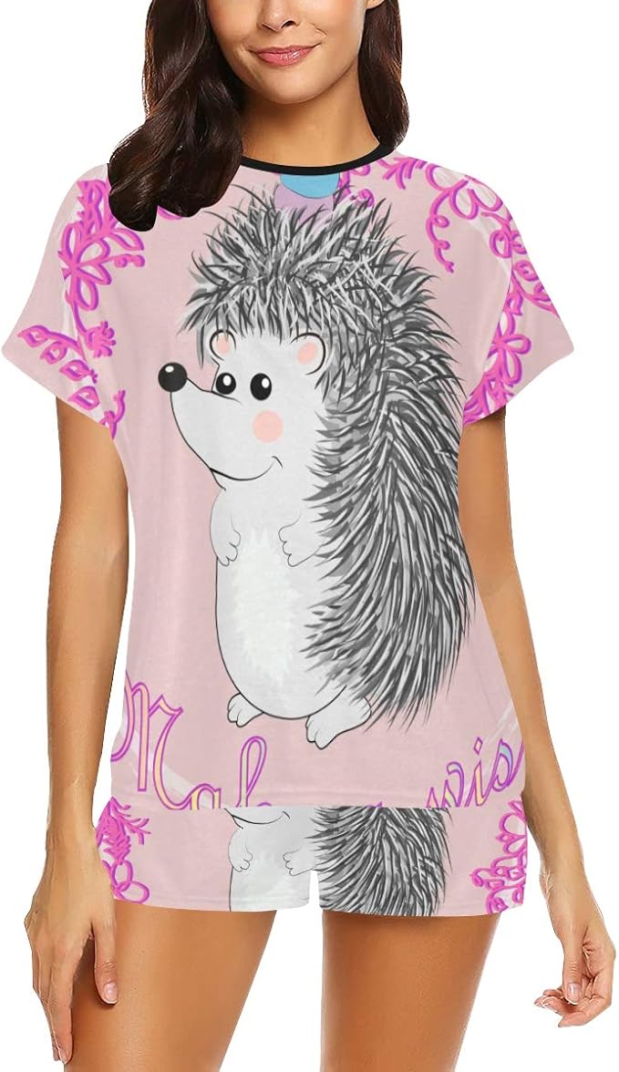 Women's Casual Pajamas Set, Cute Cartoon Hedgehog Unicorn Horn On Short ...