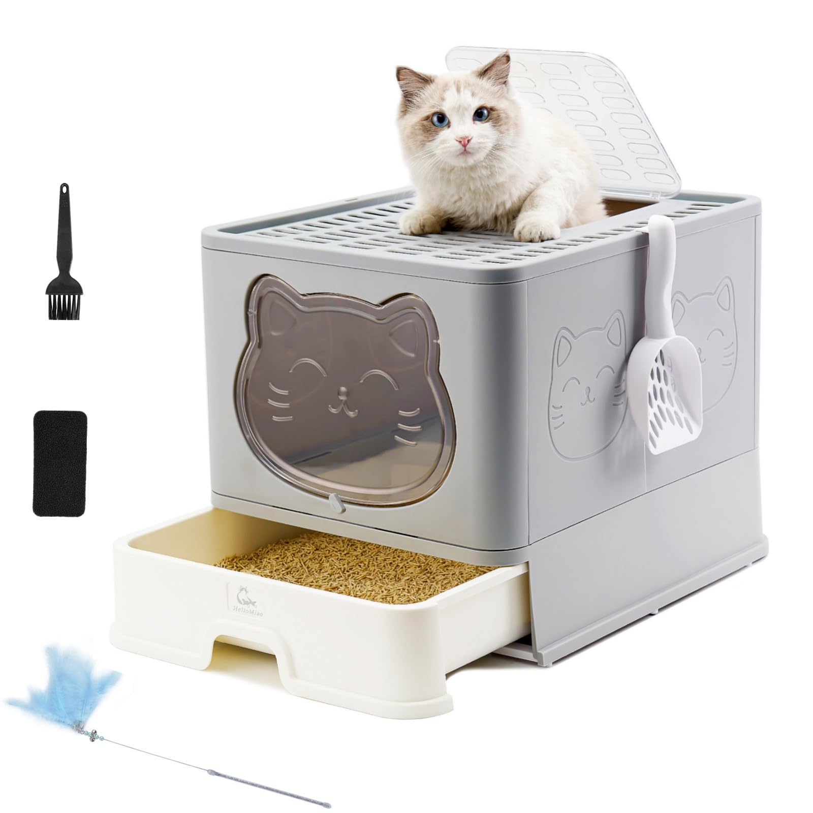 HelloMiao Fully Enclosed Cat Litter Box with Lid, Foldable Extra Large ...