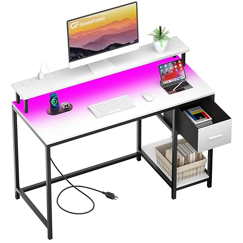 GreenForest White Computer Desk 39 Inch with LED Lights and Monitor ...