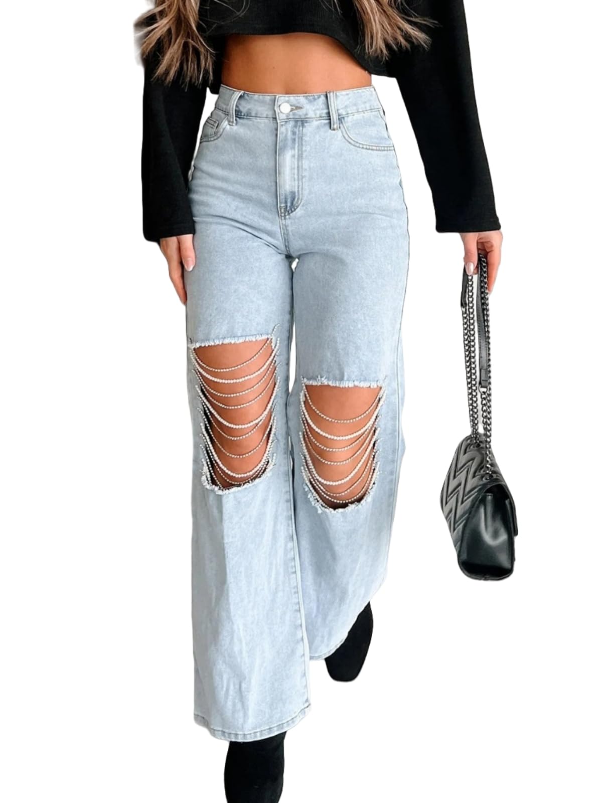 8 Womens Rhinestones Pearl Jeans Ripped Distressed Wide Leg Jean High ...