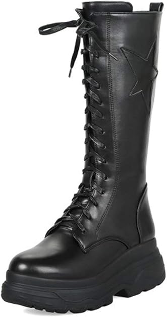 Stivaletti Alti da Donna di Pelle Stringati con Plateau Stivale al ...