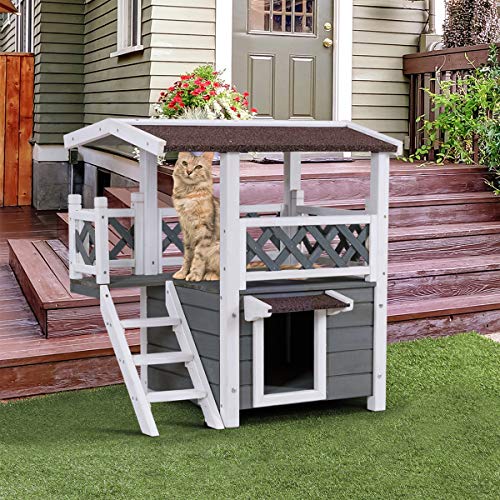 PETSJOY Pet Cat House Wooden Cat Condo Shelter with Stairs Weatherproof ...