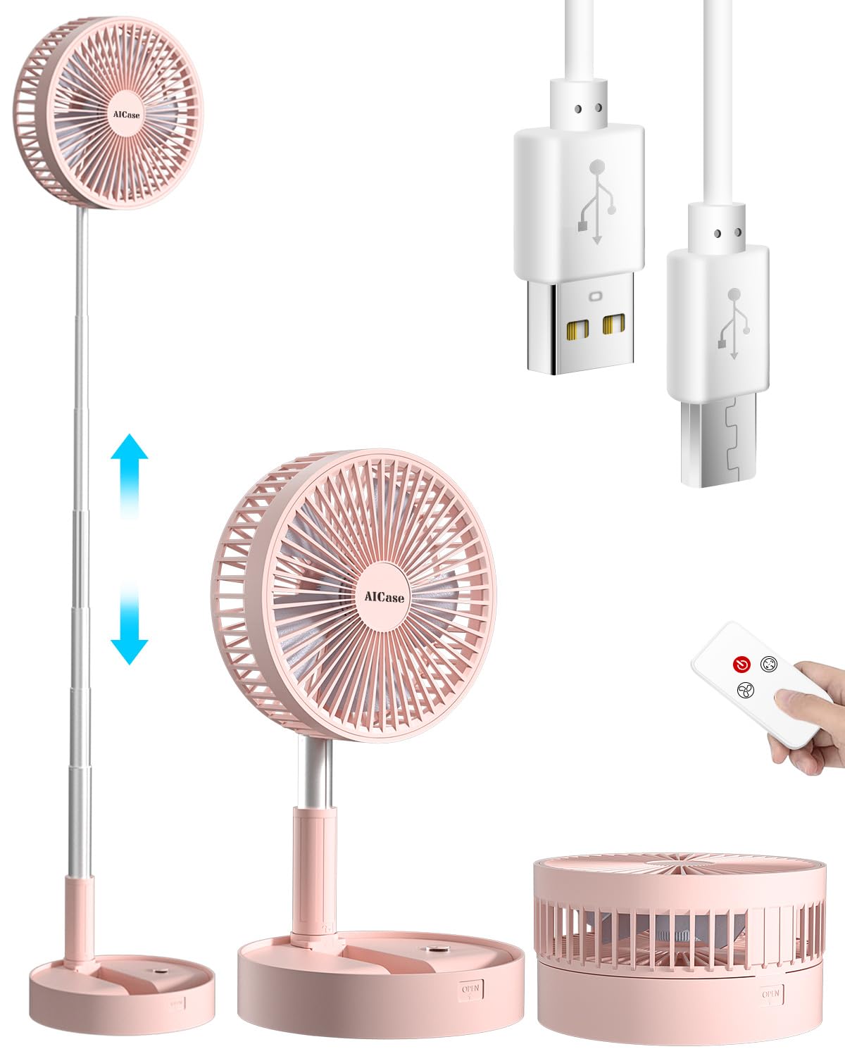 AICase Stand Fan,Folding Portable Telescopic Floor/USB Desk Fan with ...
