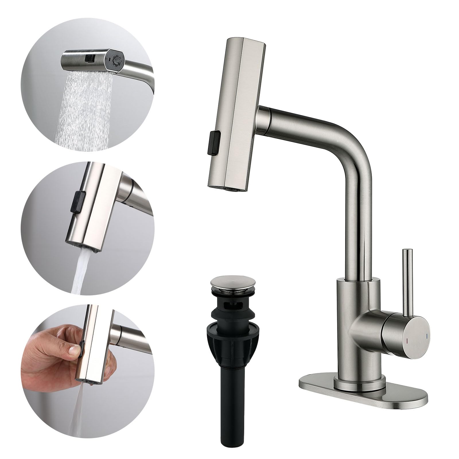 TRIPHIL Waterfall Bathroom Faucets with 3 Mode Pull Down Sprayer,Single ...