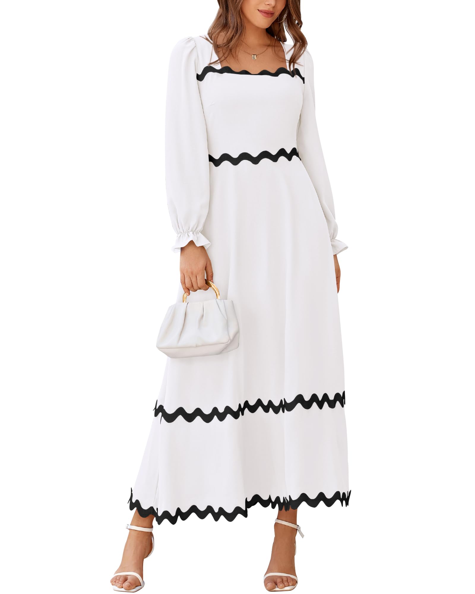 BTFBM RIC Rac Dress Women Maxi Dress Square Neck Long Sleeve Smocked ...