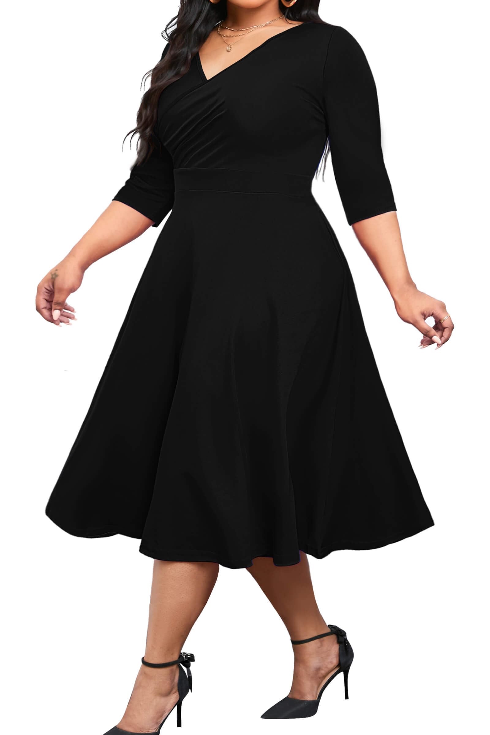 CLOCOR Women's Plus Size Midi Dress 3/4 Sleeve A-Line Swing Dress V ...