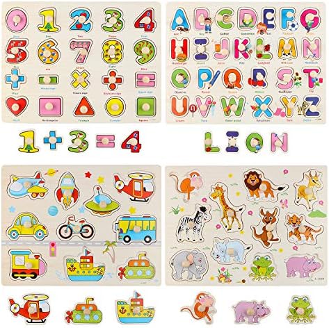 Wondertoys 4 Pcs Wooden Peg Puzzles Set for Toddlers – Alphabet ABC ...