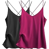 Ekouaer Womens Silk Satin Tank Tops V Neck Casual Cami Sleeveless Camisole Blouses Summer Basic ...