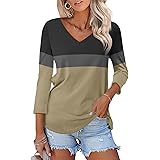 Minetom Women's V Neck 3/4 Sleeve T Shirt Solid/Color Block Casual ...