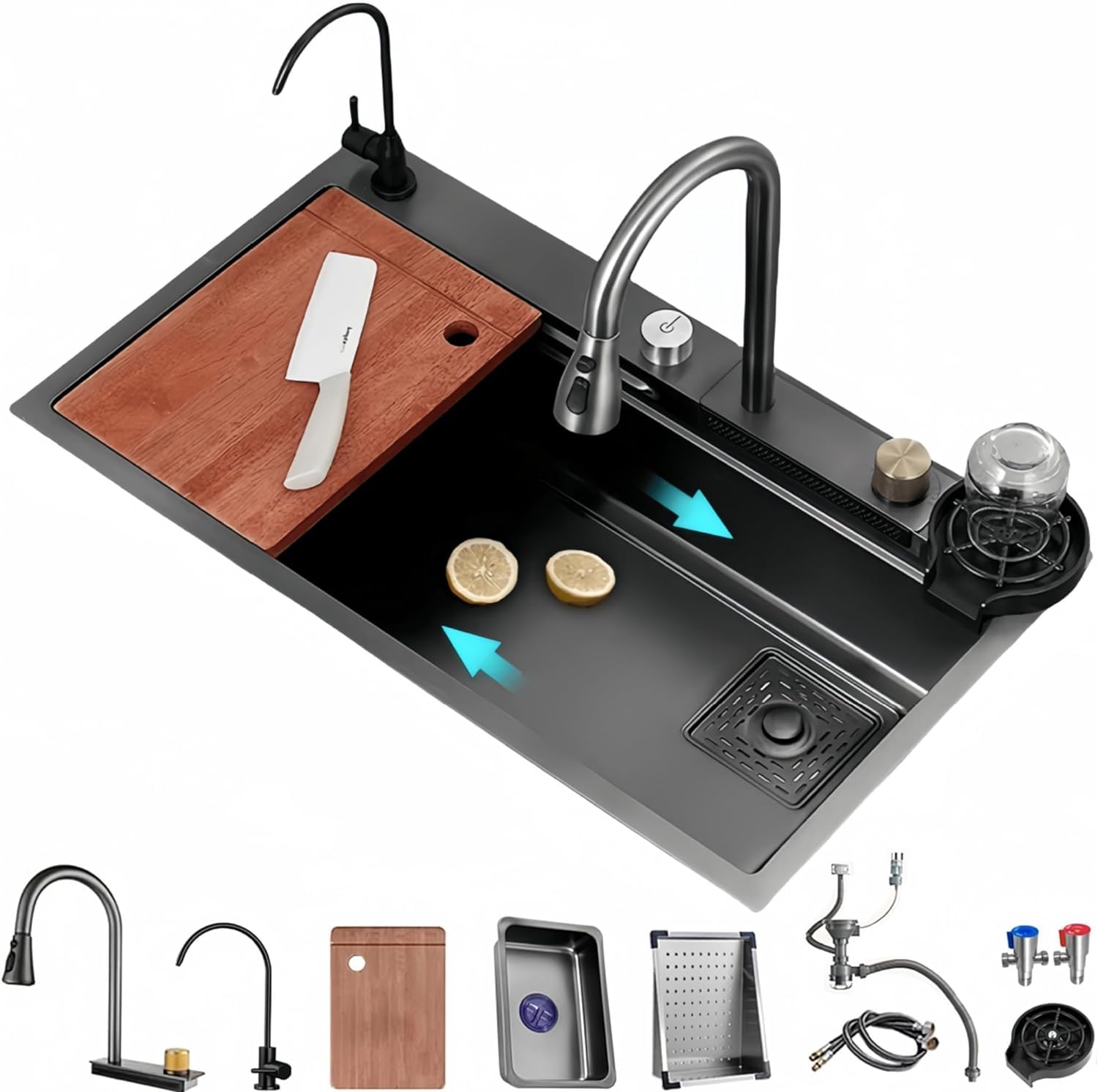 Kitchen Sink, Waterfall Kitchen Sink, 29.5 Inch Black 304 Stainless ...