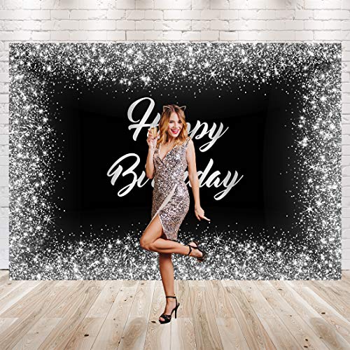 Buy Happy Birthday Backdrop for Adult Party Black and Silver Birthday ...