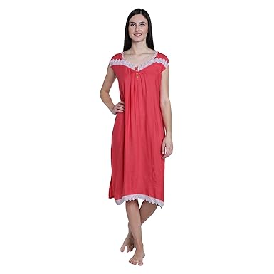 Buy Reddish Pink Cotton Solid Half Nighty for Women with lace Work at ...