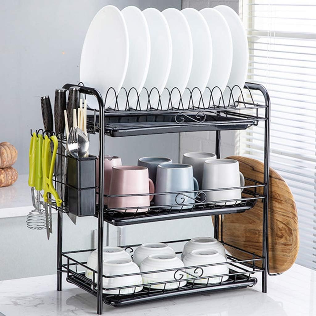 3 Tier Dish Drainer, Large Capacity Dish Drying Rack Dish Draining Set ...