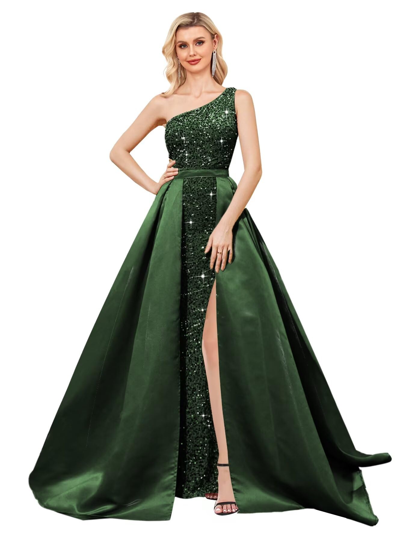 One Shoulder Sequin Prom Dress 2025 with Detachable Satin Ball Gown Sparkly Formal Evening Gowns ...