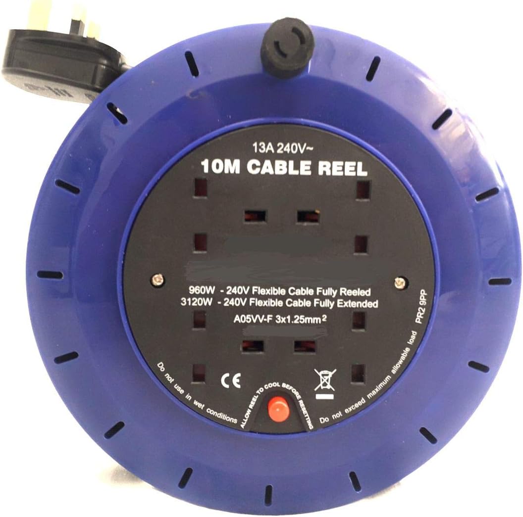 Reel Extension Lead 10m Easy Wind Compact Cable Cassette Reel Blue ...