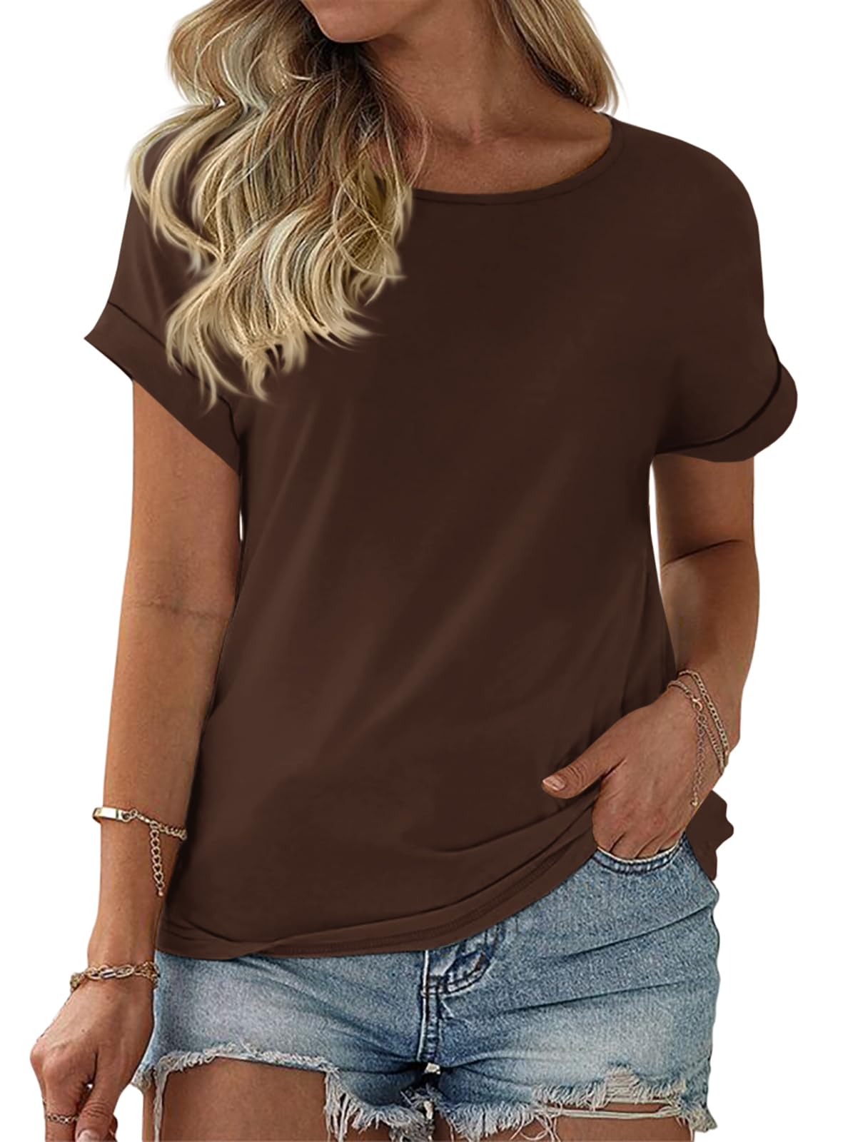 Womens Tops Solid Color Summer Casual T Shirts Crewneck Short Sleeve ...