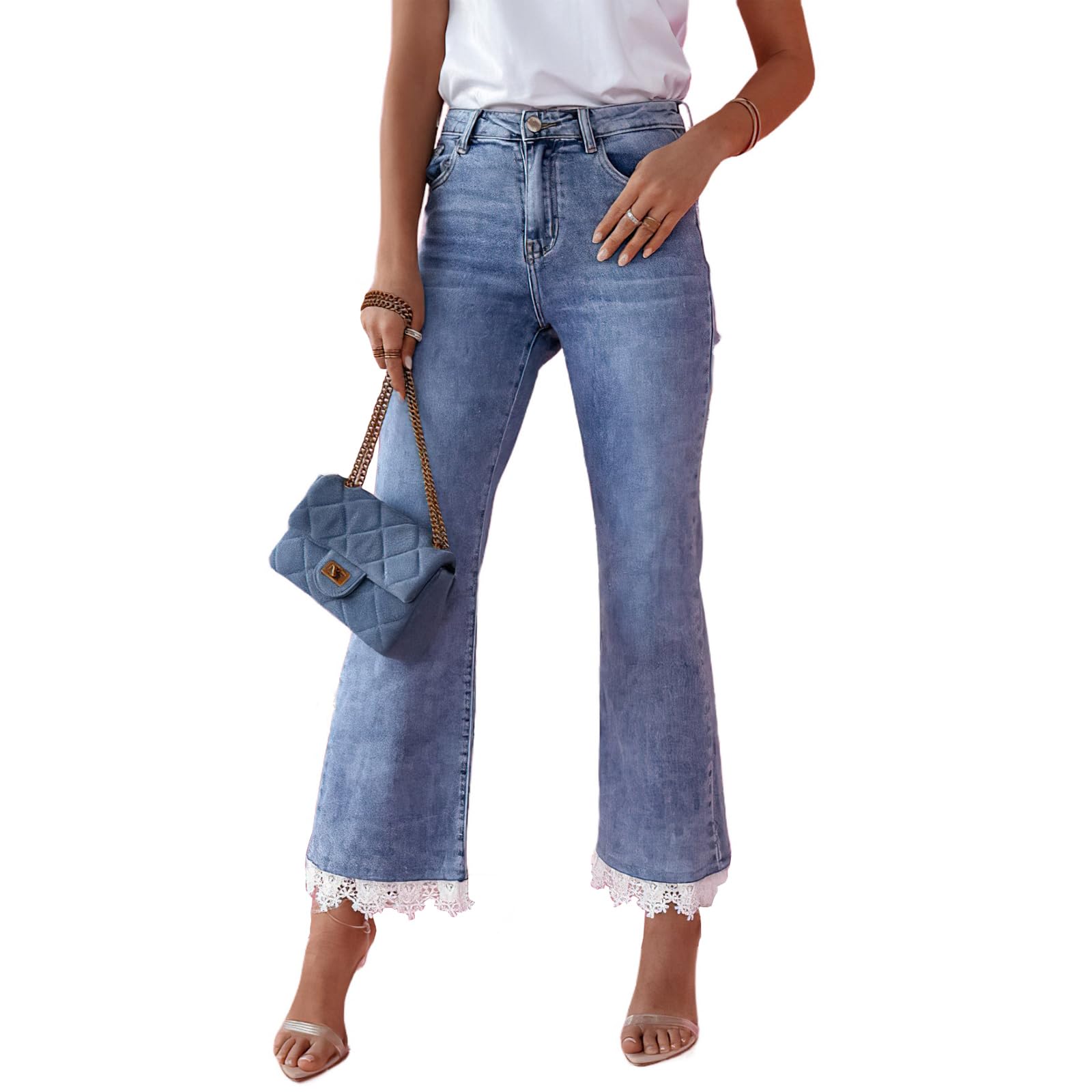 High Waisted Flare Jeans for Women Lace Trim Stretch Bell Bottom Ankle ...