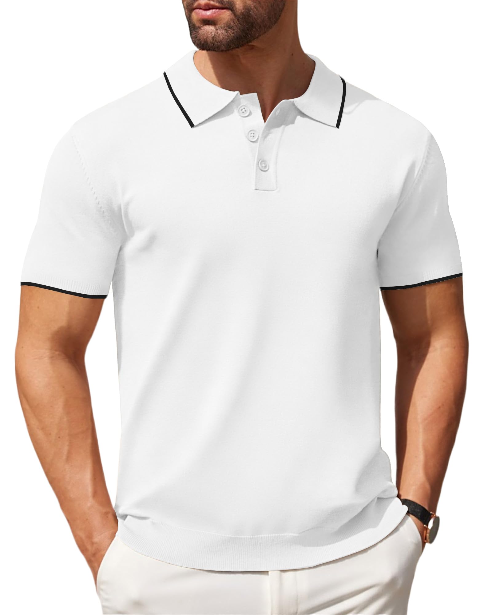 COOFANDY Men's Knit Polo Shirt Short Sleeve Vintage Striped Shirt Lightweight Casual Golf Shirts ...