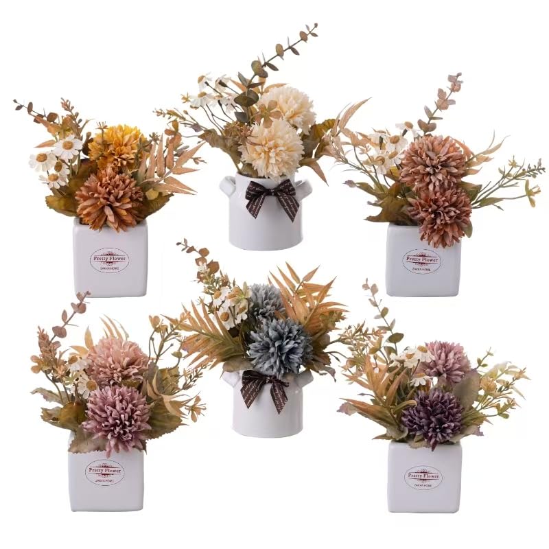 LUEUR 6PCS Artificial Fall Flowers with Ceramic Vase – Mini Fake ...