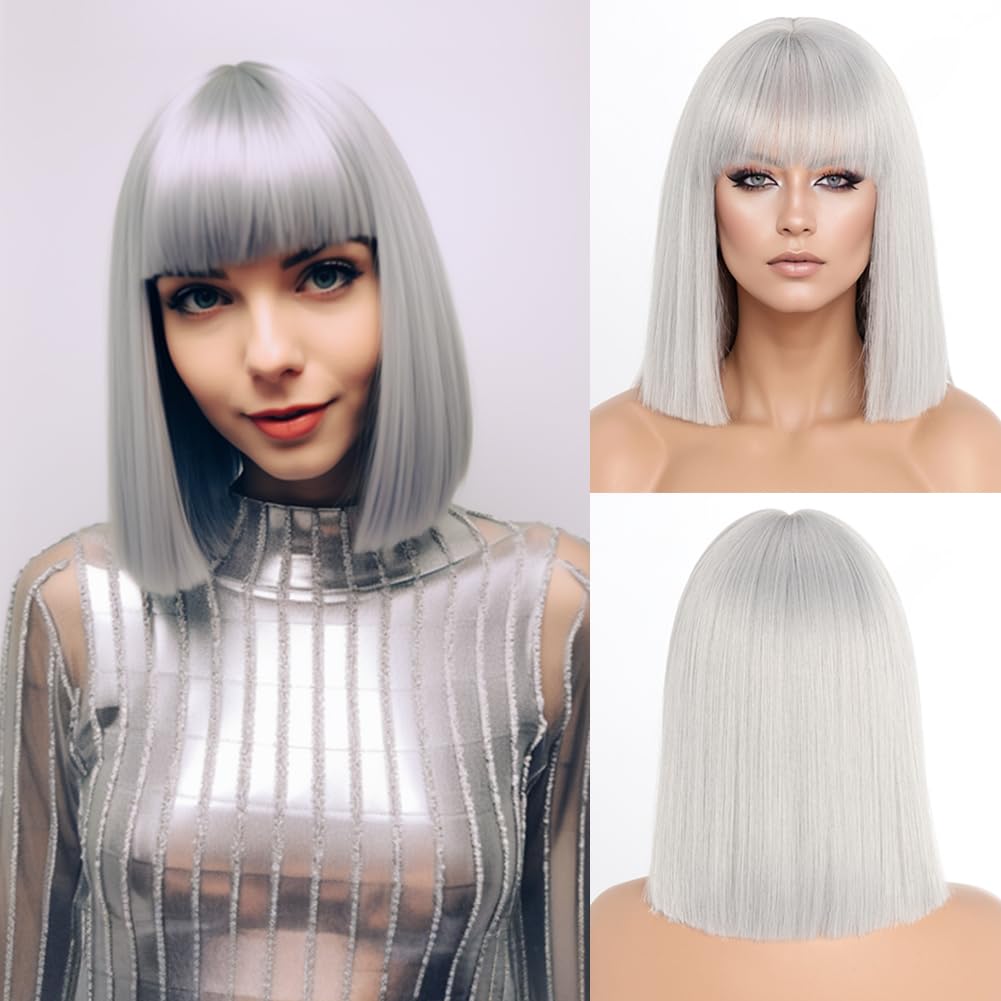 BESTUNG Short Silver Bob Wigs with Bangs,Short Straight Bob Silver Wigs ...