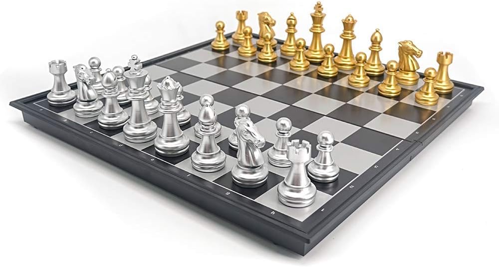 EVERGD Folding Magnetic Travel Chess Set Gold&Silver Chess Pieces Chess ...