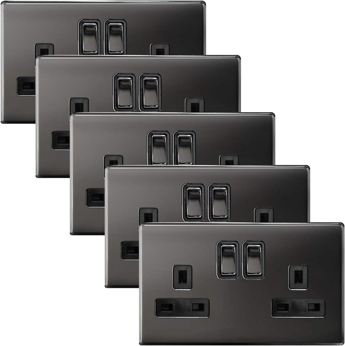 5 x Double Wall Socket Switched Black Nickel 2 Gang Screwless 13a ...