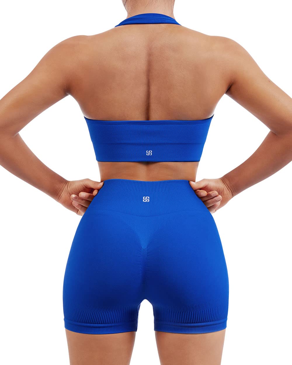 SUUKSESS Women Two Piece Seamless Ribbed Workout Sets Outfits Backless ...