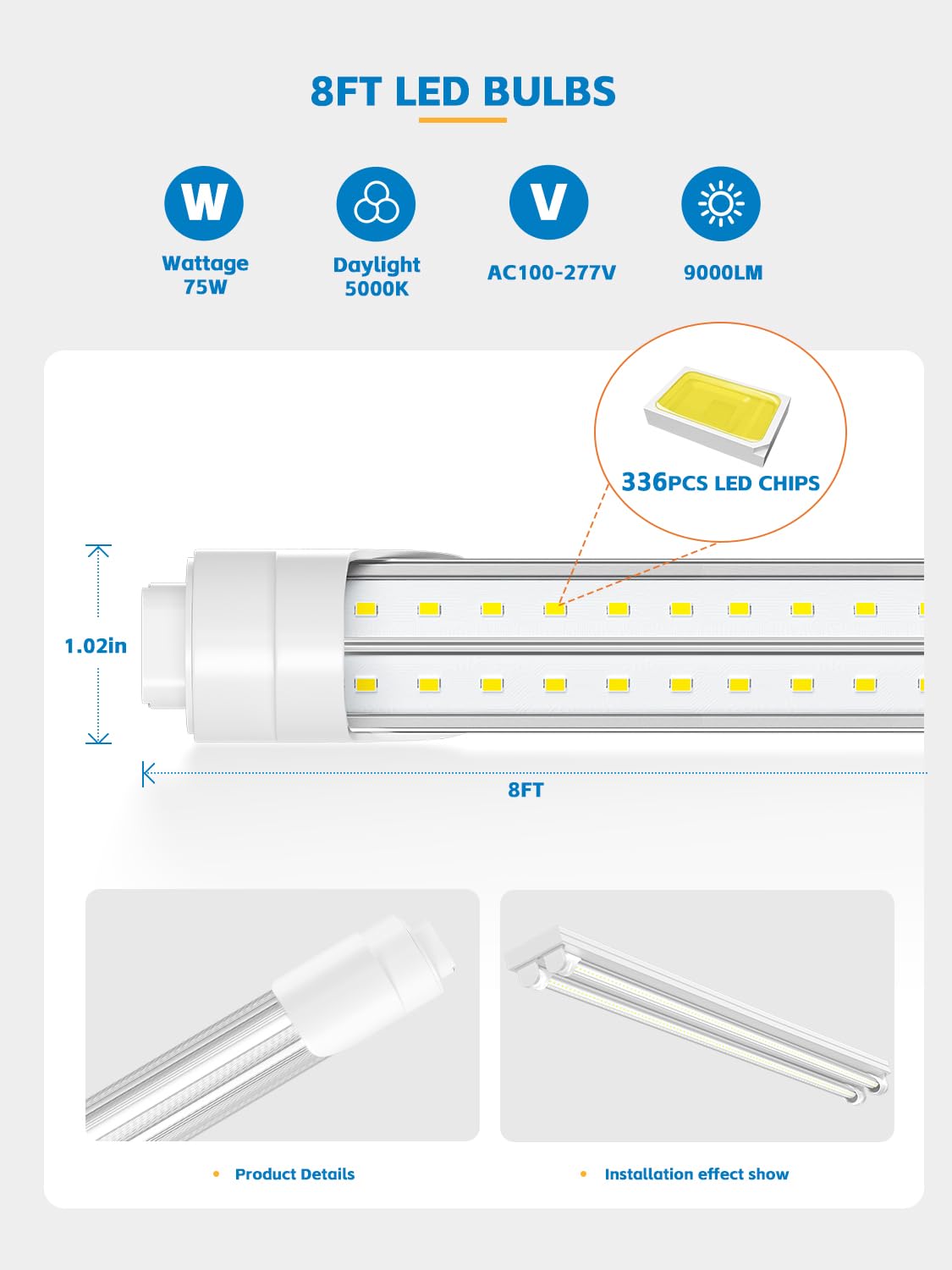 Mua 8FT LED Bulb, 8FT V Shaped Shop Light, 8 Foot 6000K 75W 9500LM, T8 ...