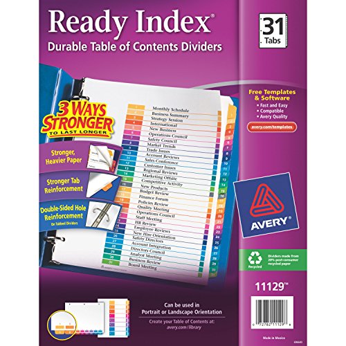 Buy Avery 31 Tab Dividers For 3 Ring Binders Customizable Table Of 