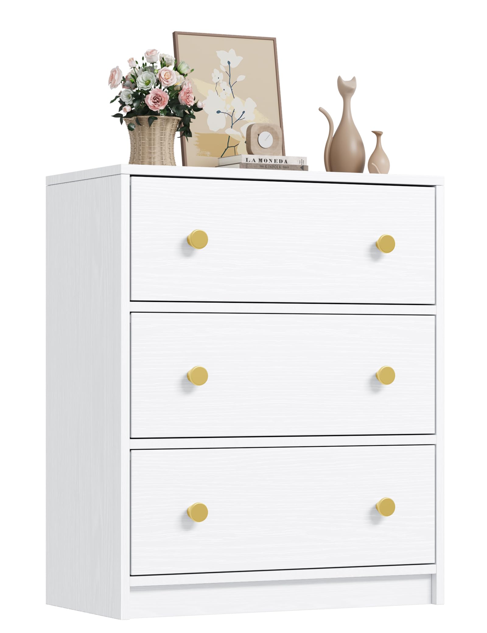 Nicehill 3 Drawer Dresser, White Nightstand for Bedroom with Fabric ...