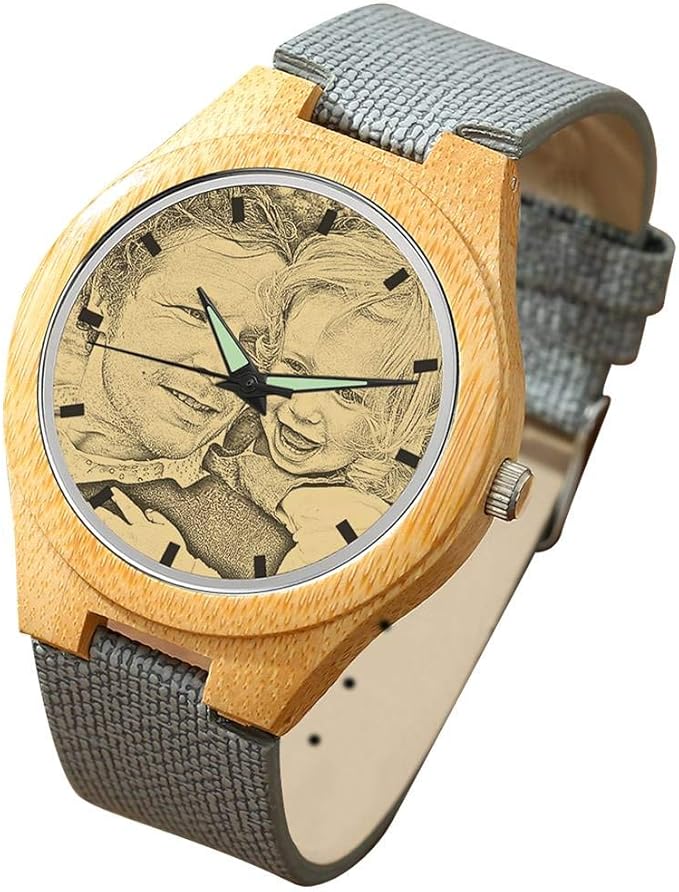 SOUFEEL Herren Uhr Armbanduhr Personalisierte Holzuhr mit Foto und Gravur Analog Japanisches ...