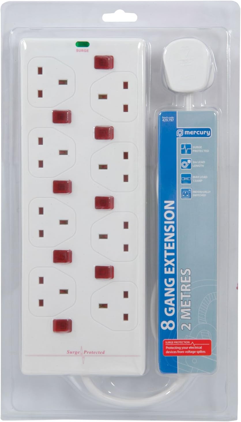 Mercury 8 Gang Extension Cable with Surge Protection & Neon Switches ...