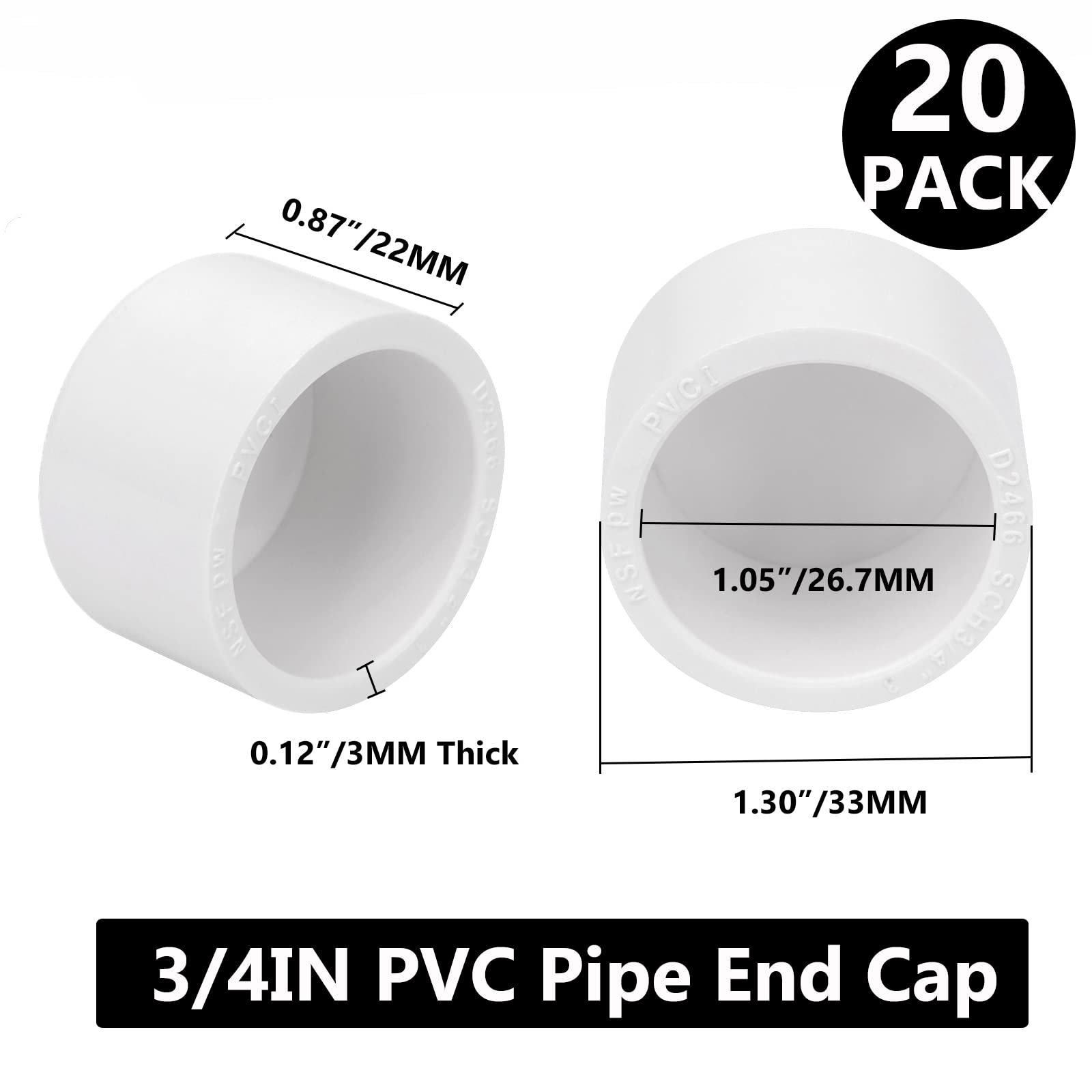 20 Pack PVC Pipe End Cap Fitting 3/4 Inch PVC Pipe End Cap Plug Adapter ...