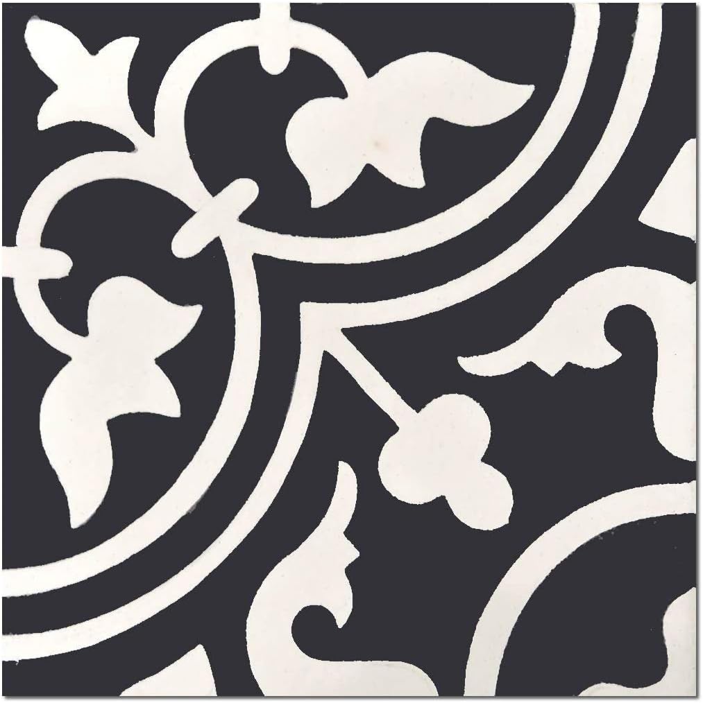 8x8 Flora Encaustic Black White Genuine Concrete Cement Tile Spanish ...