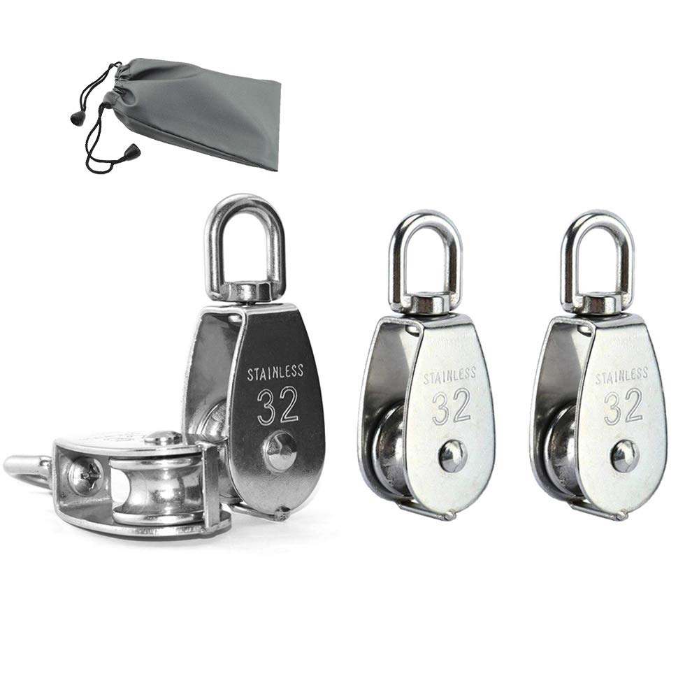 4 Pack Single Pulley Block SUNSHINETEK 32mm Single Pulley Wheel Silver ...