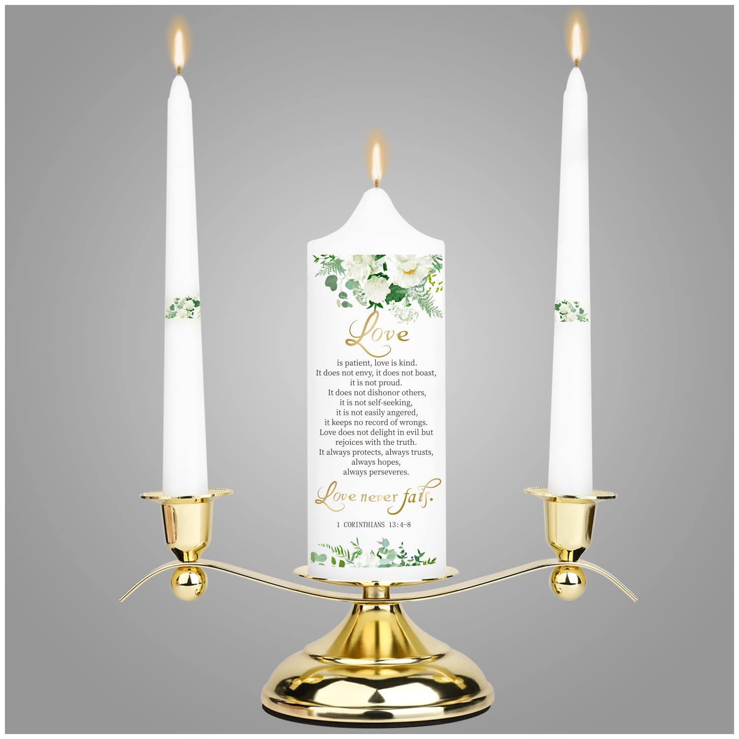 3 Unity Floral Candles for Wedding Ceremony Set with Golden Holder ...