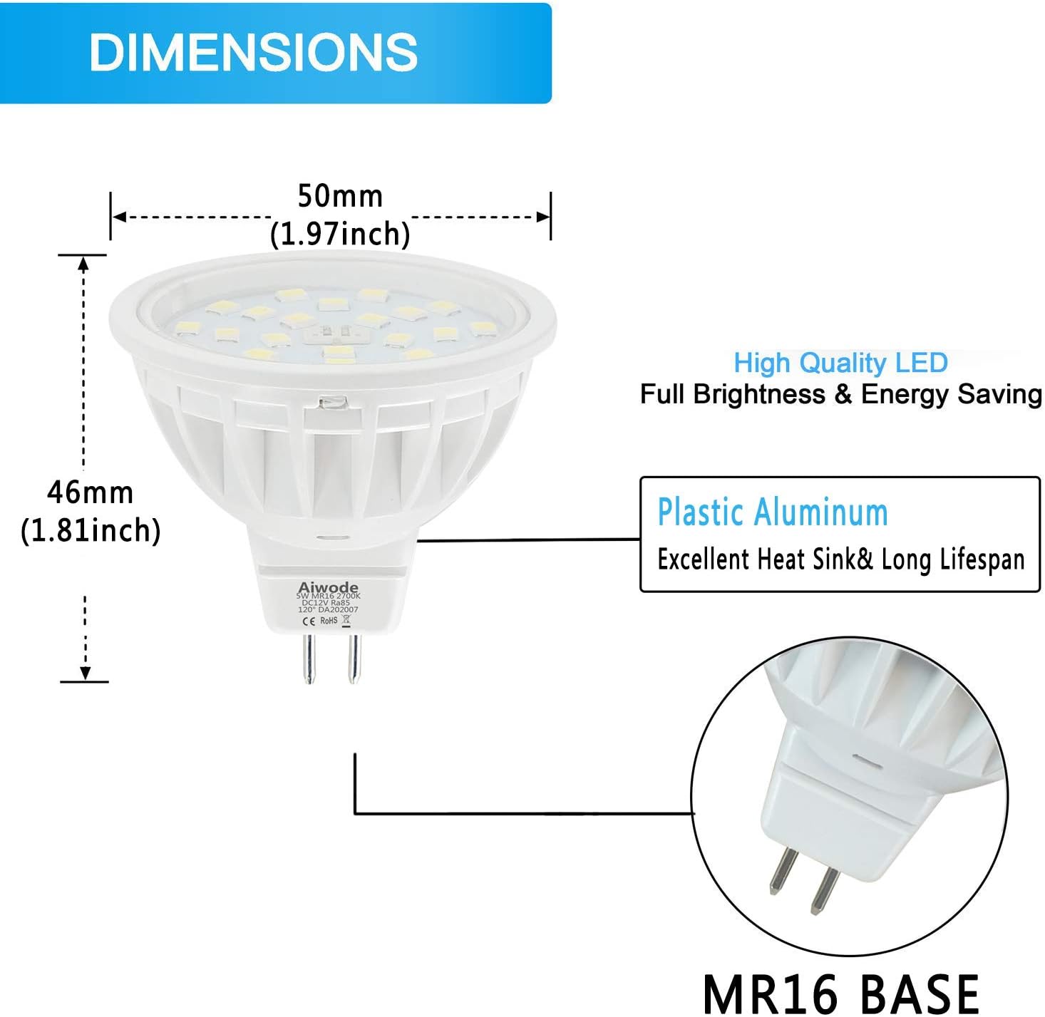 Aiwode MR16 LED Bulbs Gu5.3 Spotlight,5W Warm White 2700K Equivalent 50W Non Dimmable,600LM RA85 ...