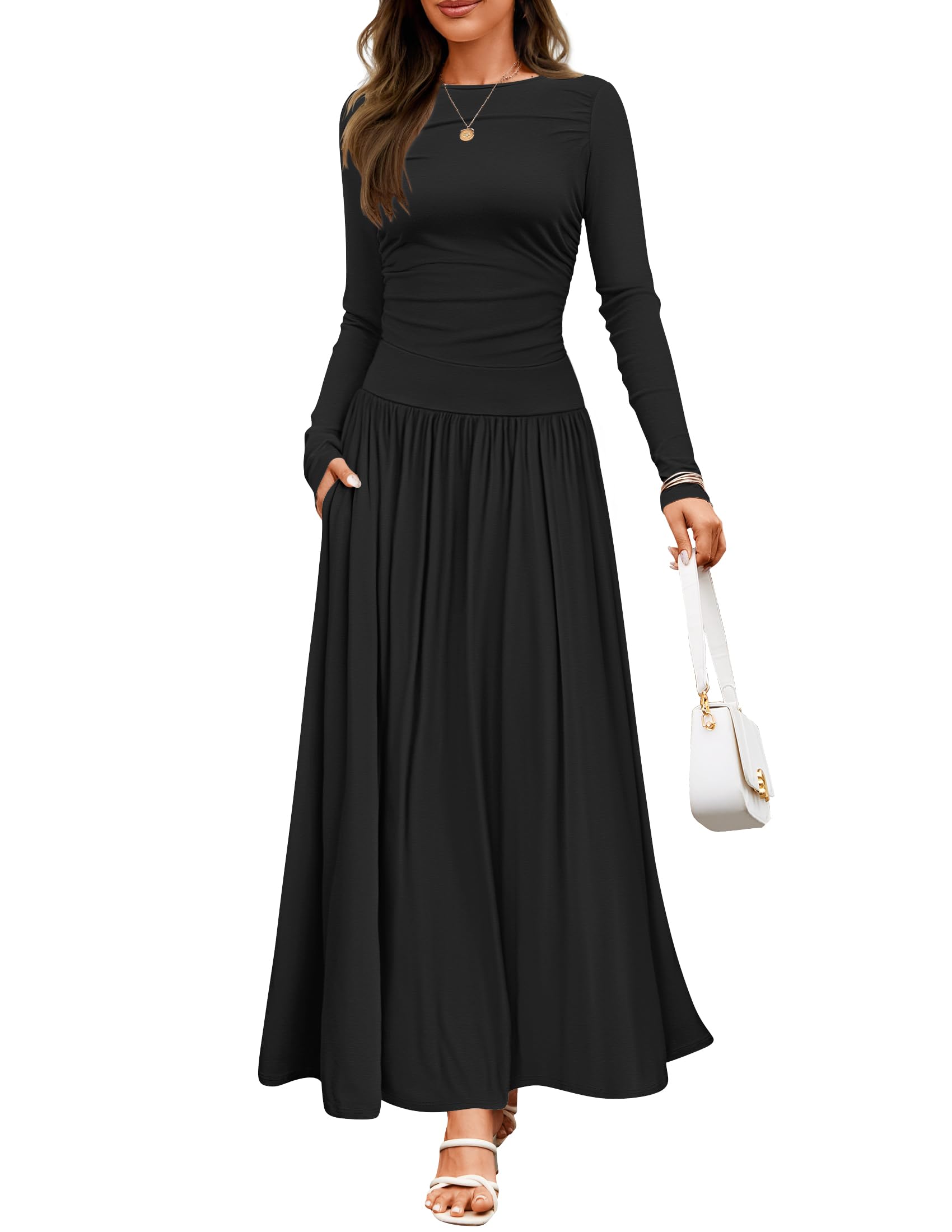 ZESICA Women's Long Sleeve Spring Maxi Dress 2025 Crewneck Knit Casual ...