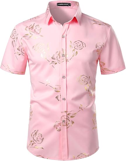 PARKLEES Mens Hipster Gold Rose Printed Slim Fit Short Sleeve Button ...