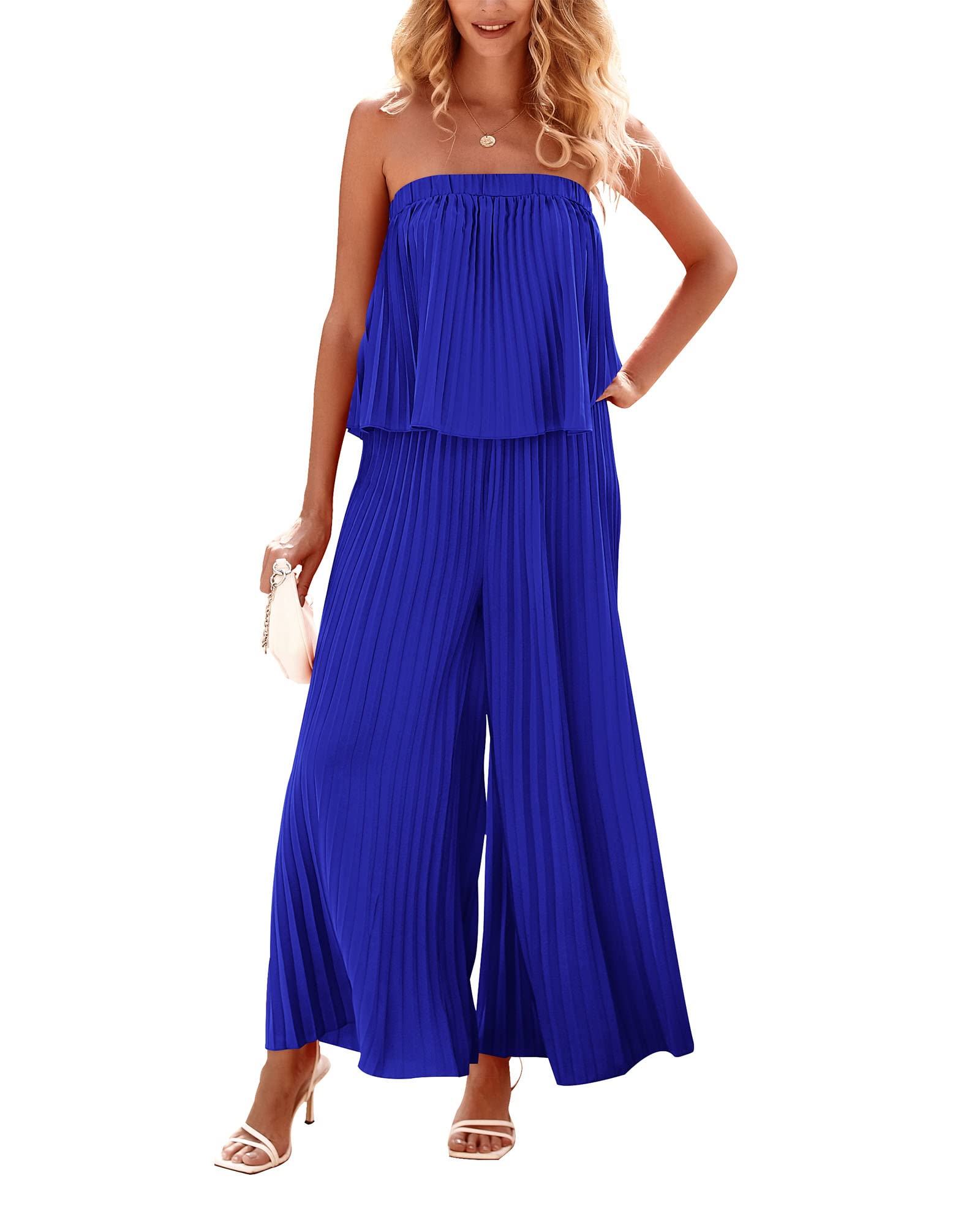 BTFBM Women Off Shoulder Summer Rompers 2024 Strapless Pleated Wide Leg Palazzo Pants Jumpsuit ...