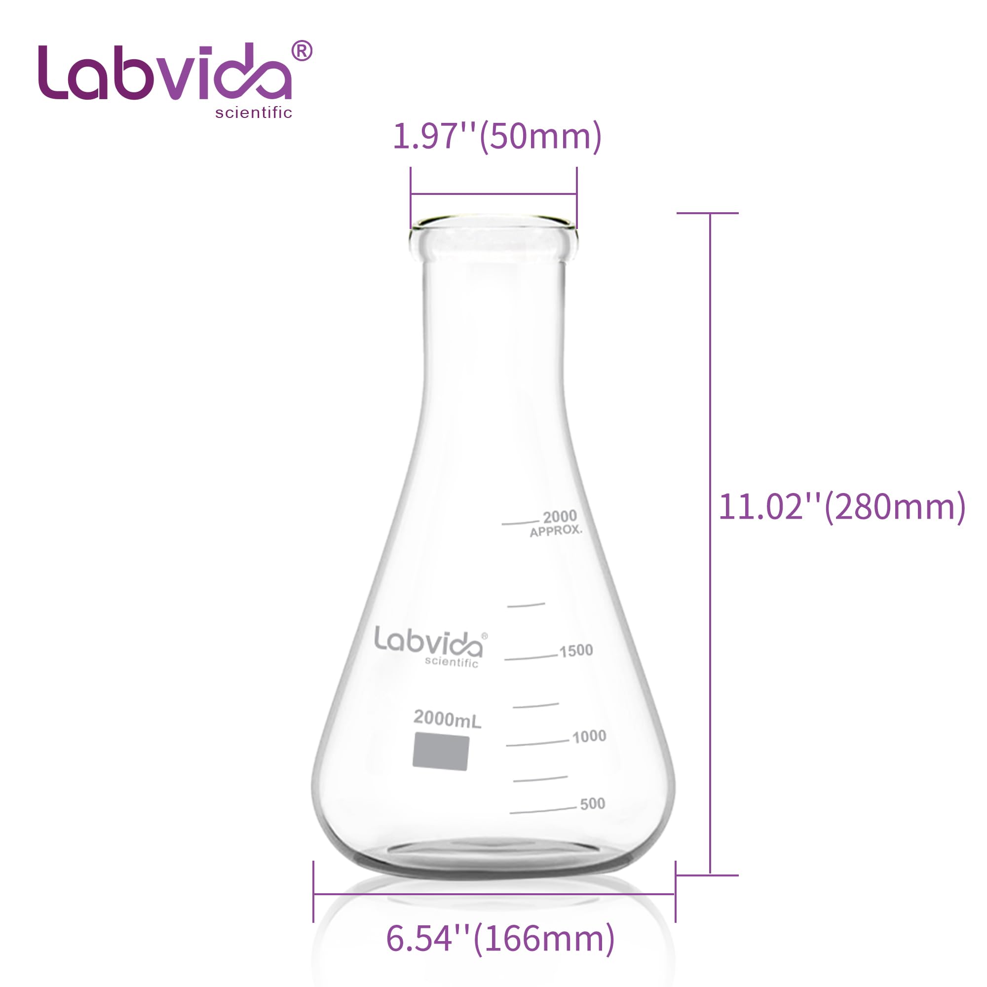 Labvida Narrow Mouth Glass Erlenmeyer Flasks, Vol.2000ml, 3.3 ...