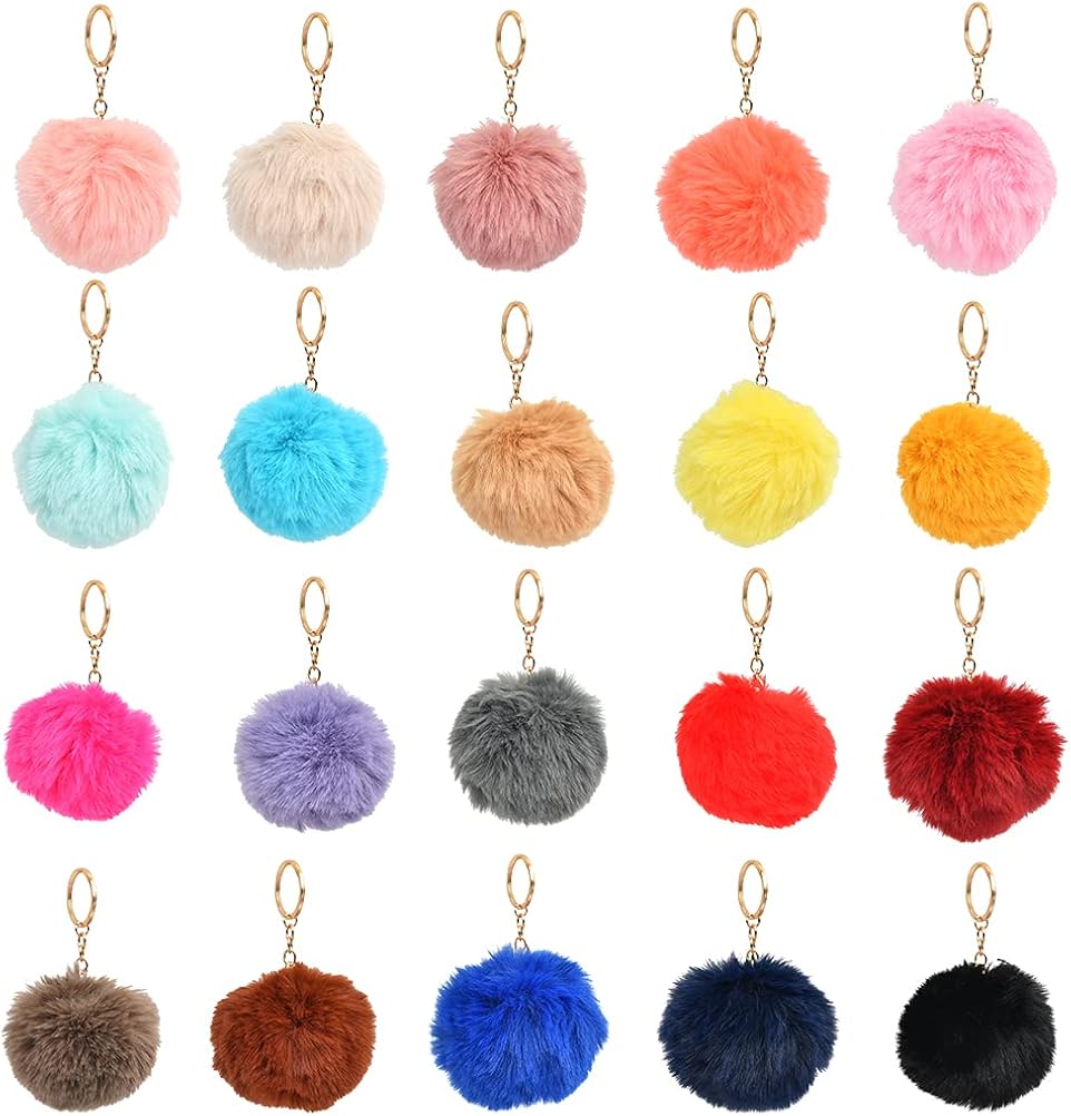 Pom Pom Keychains Colorful Soft Fluffy Ball Pompoms Keyring, 20Pcs ...