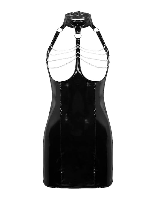 Buy FEESHOW Women's Sexy Halter Open Bust Cupless Wet Look Bodycon Mini ...