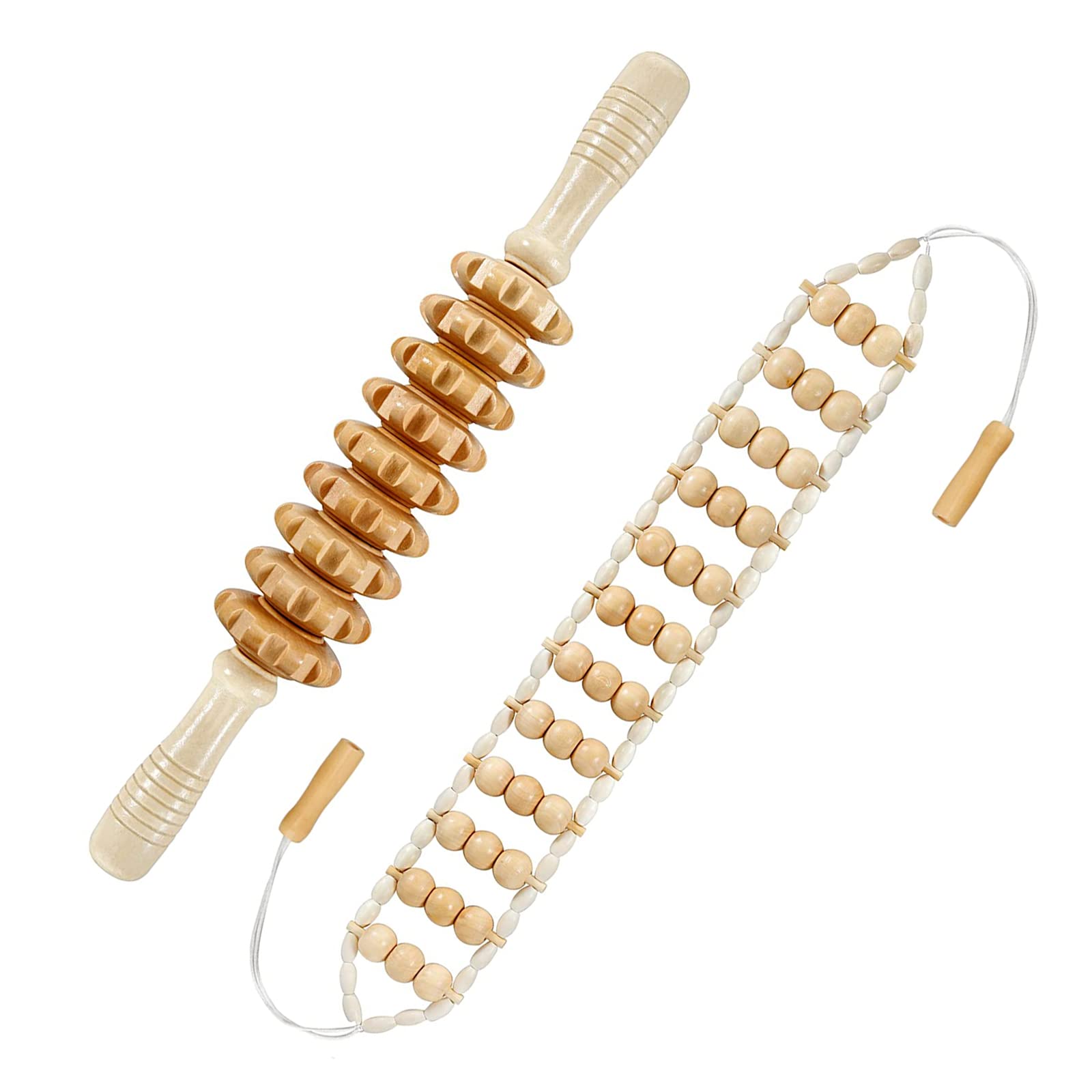 Deston 2 in 1 Wooden Back Massager Roller Rope & Handheld Roller ...