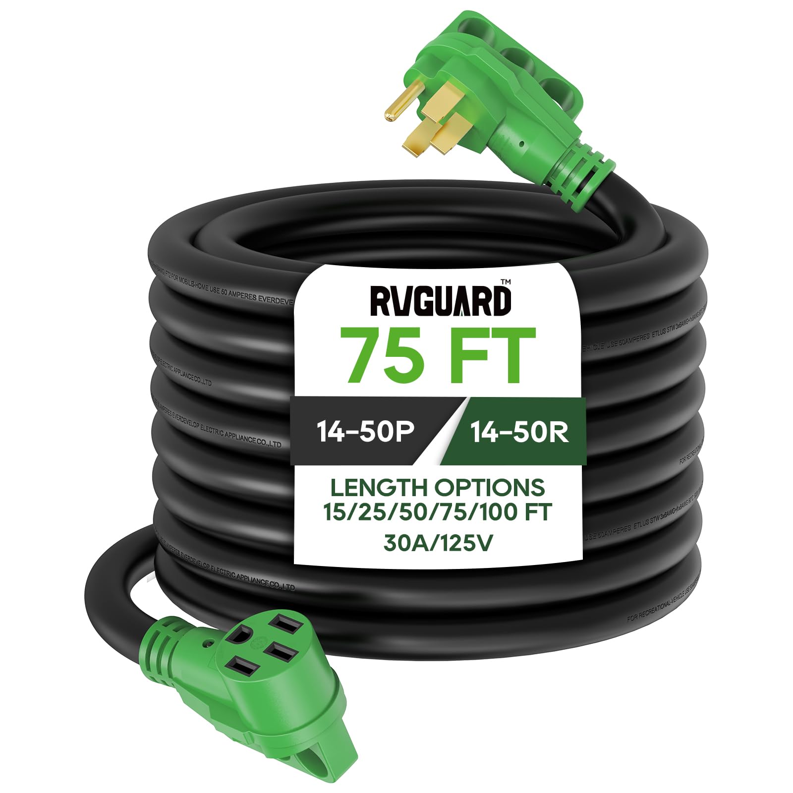 RVGUARD 50 Amp 75 Foot RV/EV Extension Cord, NEMA 14-50P/R Heavy Duty Extension Cord with LED ...